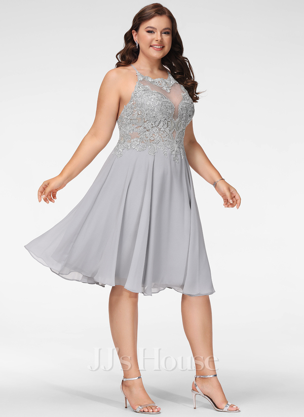 A-Line Scoop Knee-Length Chiffon Lace Homecoming Dress With Sequins ...