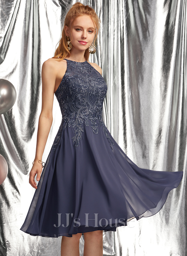 A-Line Scoop Neck Knee-Length Chiffon Homecoming Dress With Appliques ...