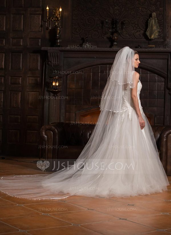 Three-tier Cathedral Bridal Veils With Ribbon Edge (006067308) - JJ's House