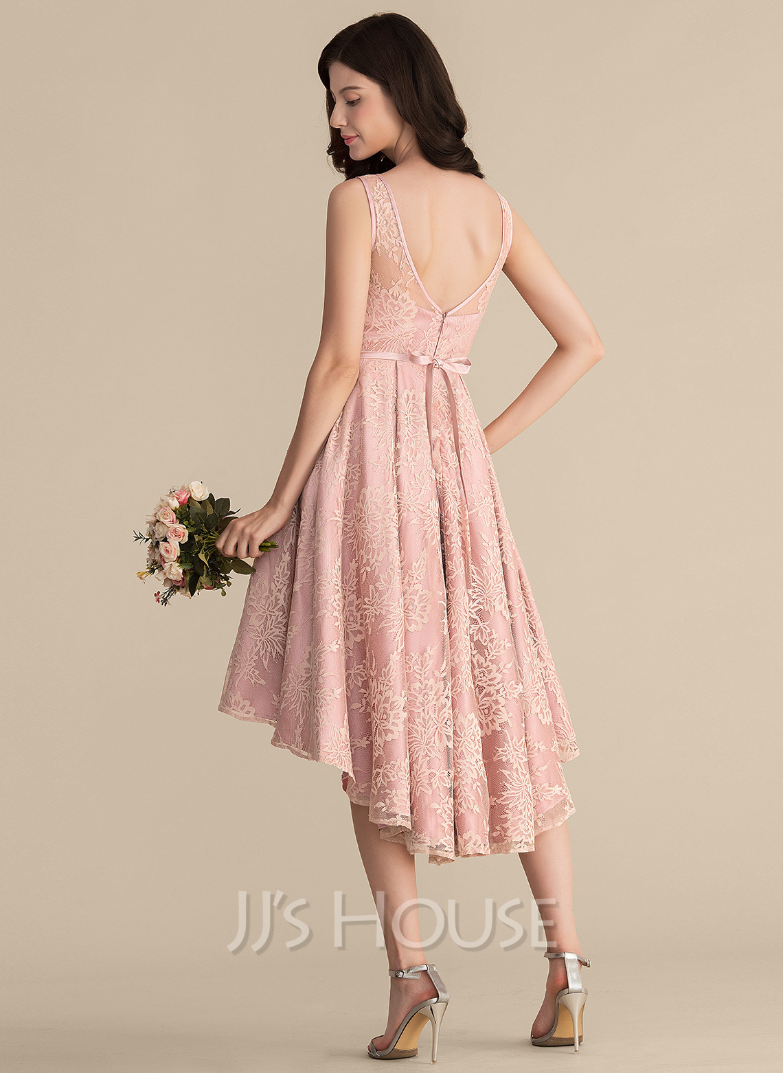 A-Line V-neck Asymmetrical Lace Bridesmaid Dress With Bow(s) Pockets ...