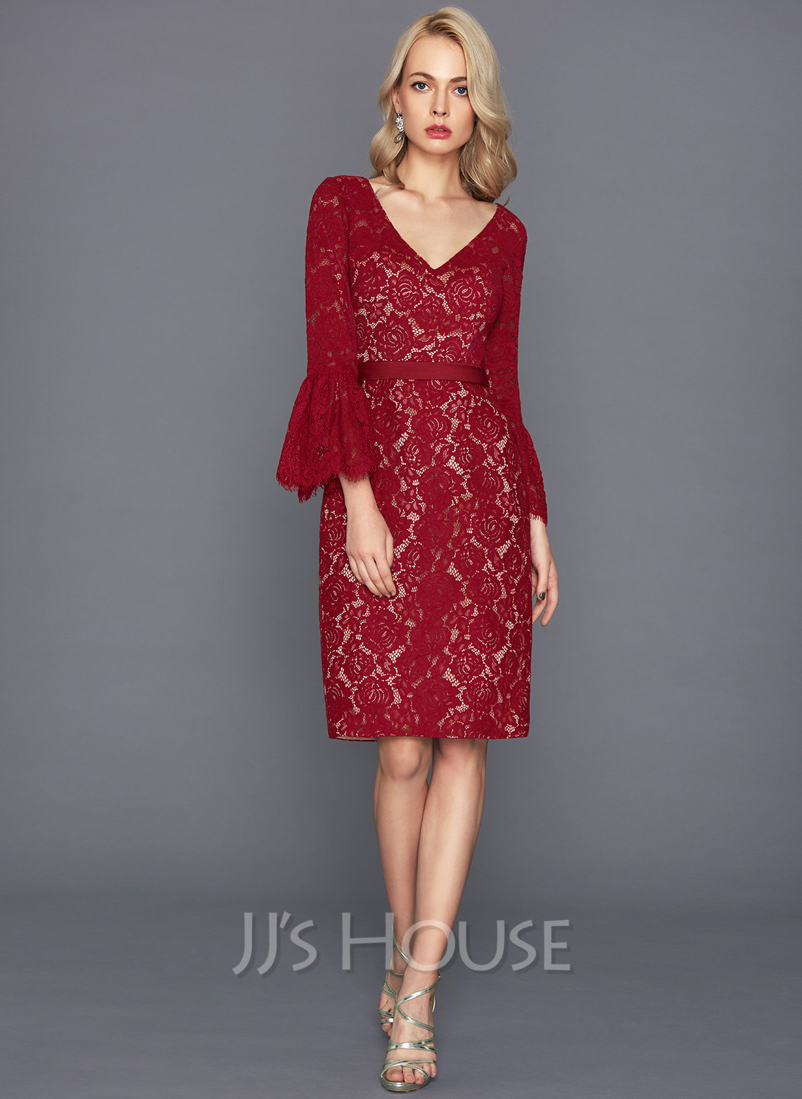 Sheath/Column V-neck Knee-Length Lace Cocktail Dress (016124585) - JJ's ...